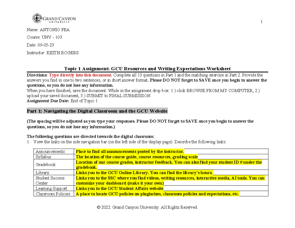 UNV 103 RS T1 Resources Worksheet Online - Name: ANTONIO PEA Course ...