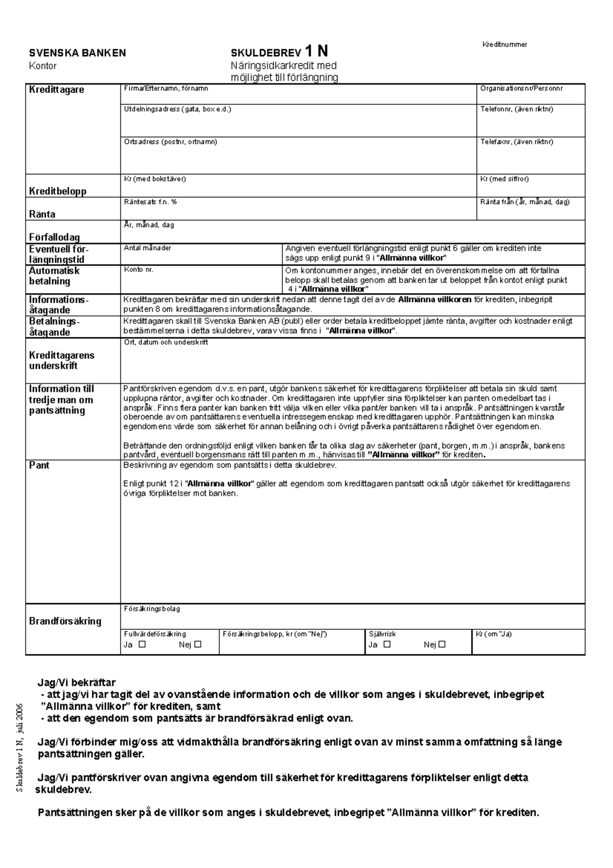Skuldebrev N - Kreditnummer SVENSKA BANKEN SKULDEBREV 1 N Kontor ...