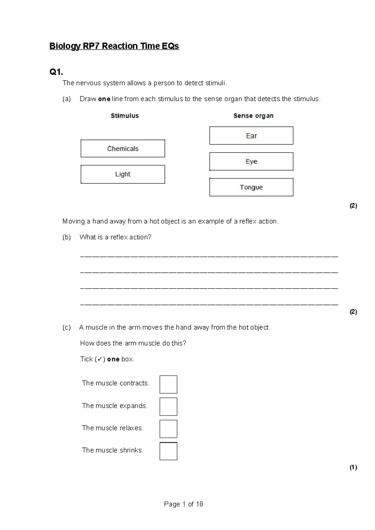 Biology RP7 Reaction Time EQs - The nervous system allows a person to ...