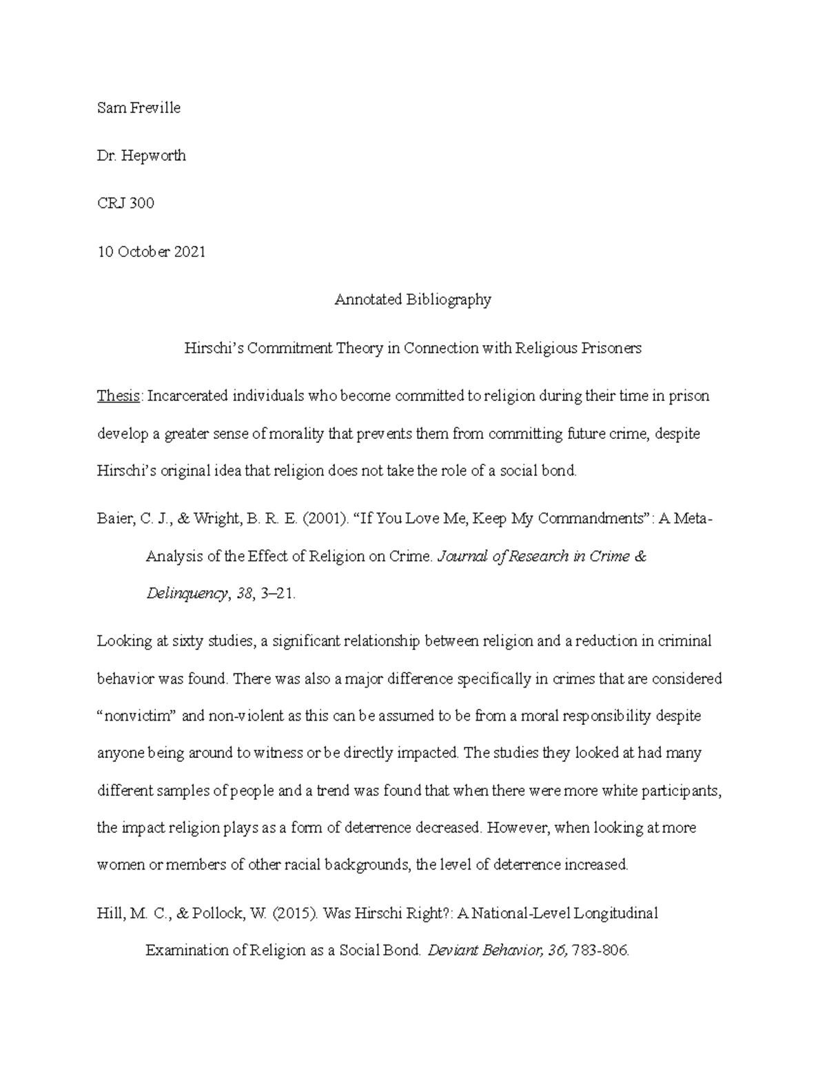 CRJ Annotated Bib Religious Programs in Prisons and Hirschi's Bond ...