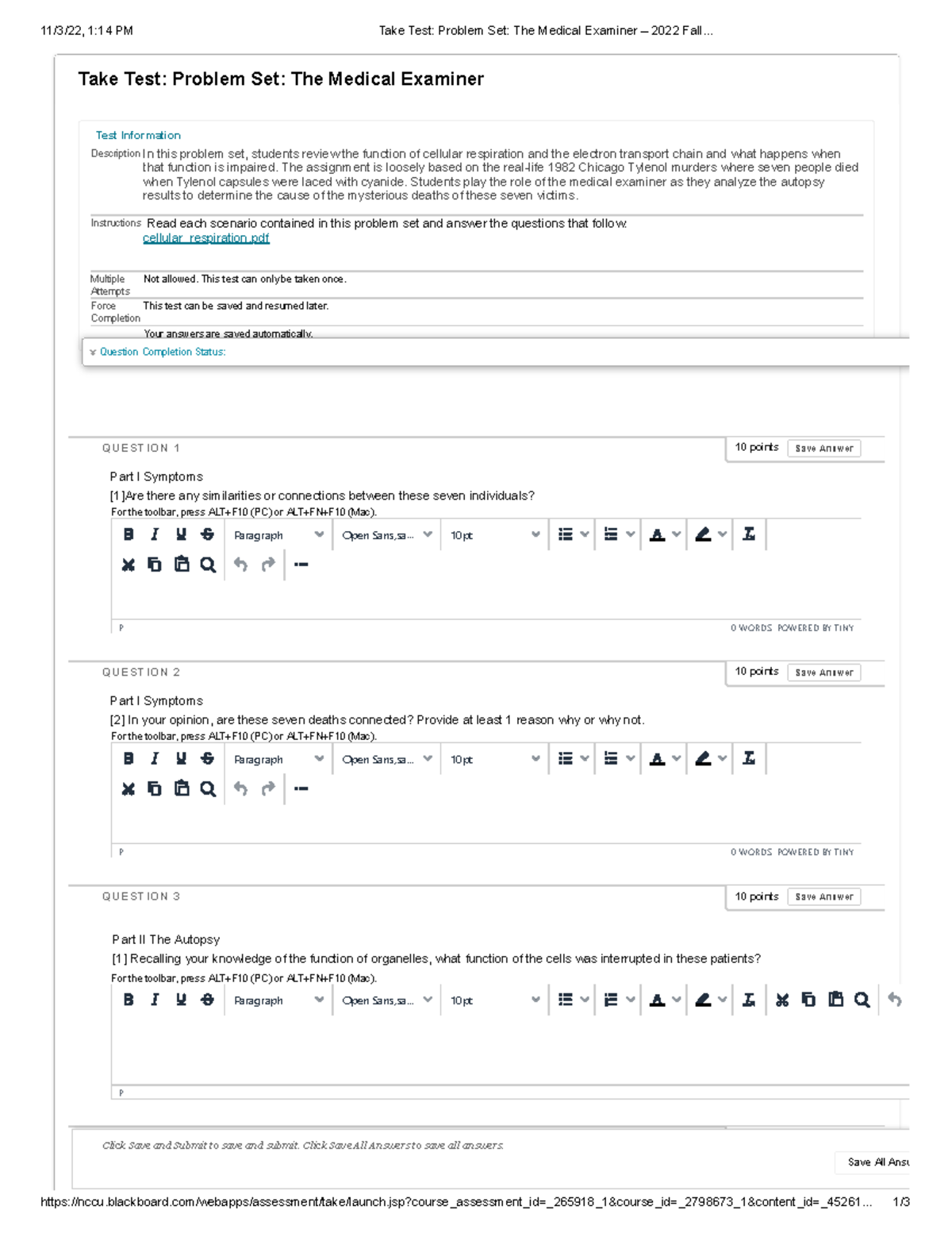 Take Test Problem Set The Medical Examiner – 2022 Fall - 11/3/22, 1:14 ...