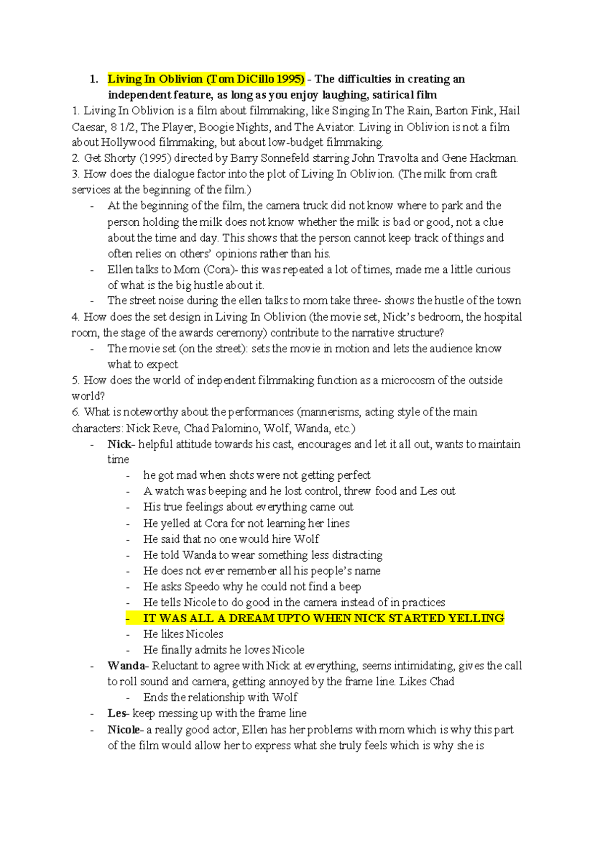 FILM 101- Film Notes Observations - 1. Living In Oblivion (Tom DiCillo ...