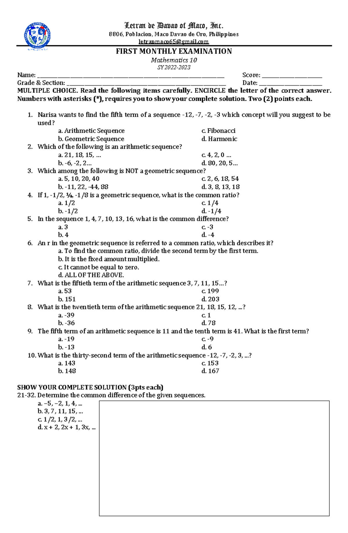 First Monthly Exam Math-10 -2022-2023 Letran-PDF - Letran de Davao of ...