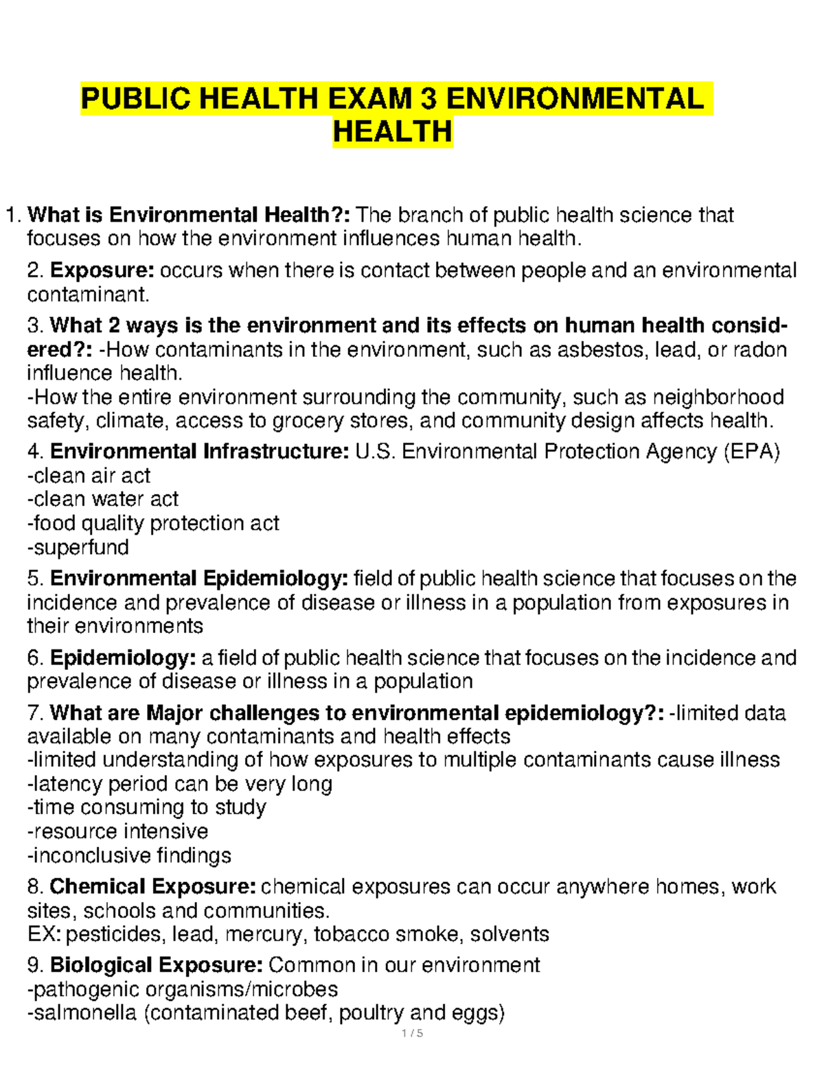 Public Health Exam 3 Environmental Health - PUBLIC HEALTH EXAM 3 ...