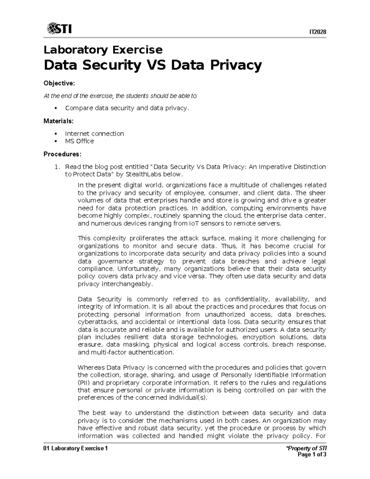 01 Laboratory Exercise 1 - IT 01 Laboratory Exercise 1 *Property of STI ...