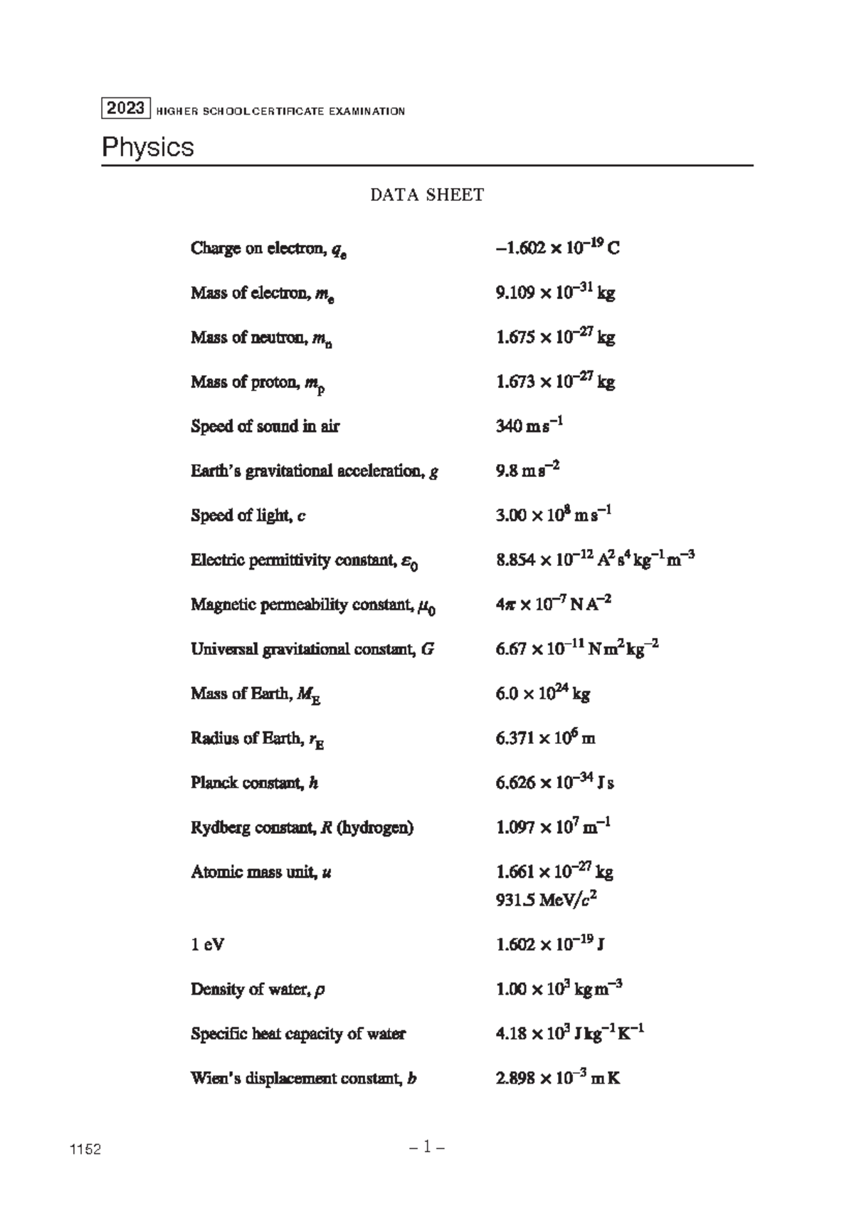 Physics Formula Sheet - – 1 – 2023 HIGHER SCHOOL CERTIFICATE ...