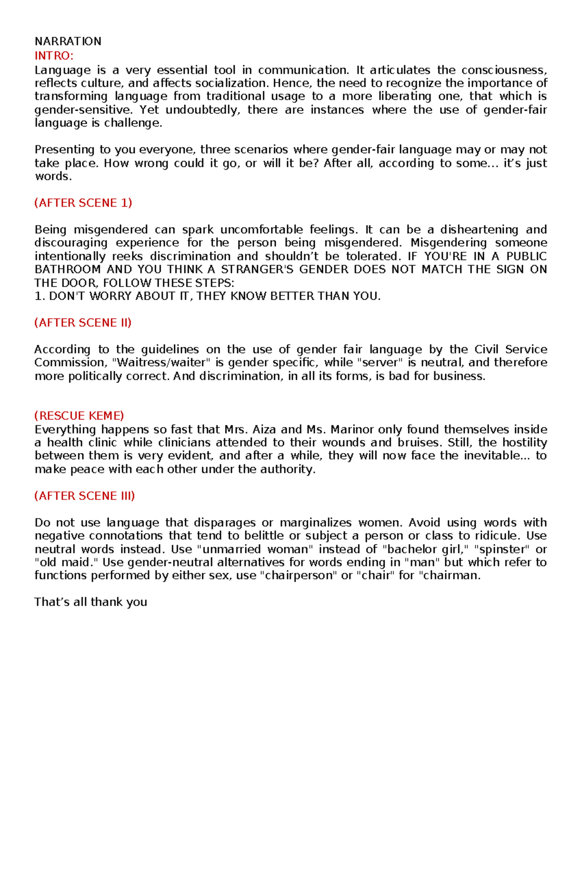 Gender Fair Language Role Play Script - NARRATION INTRO: Language is a ...