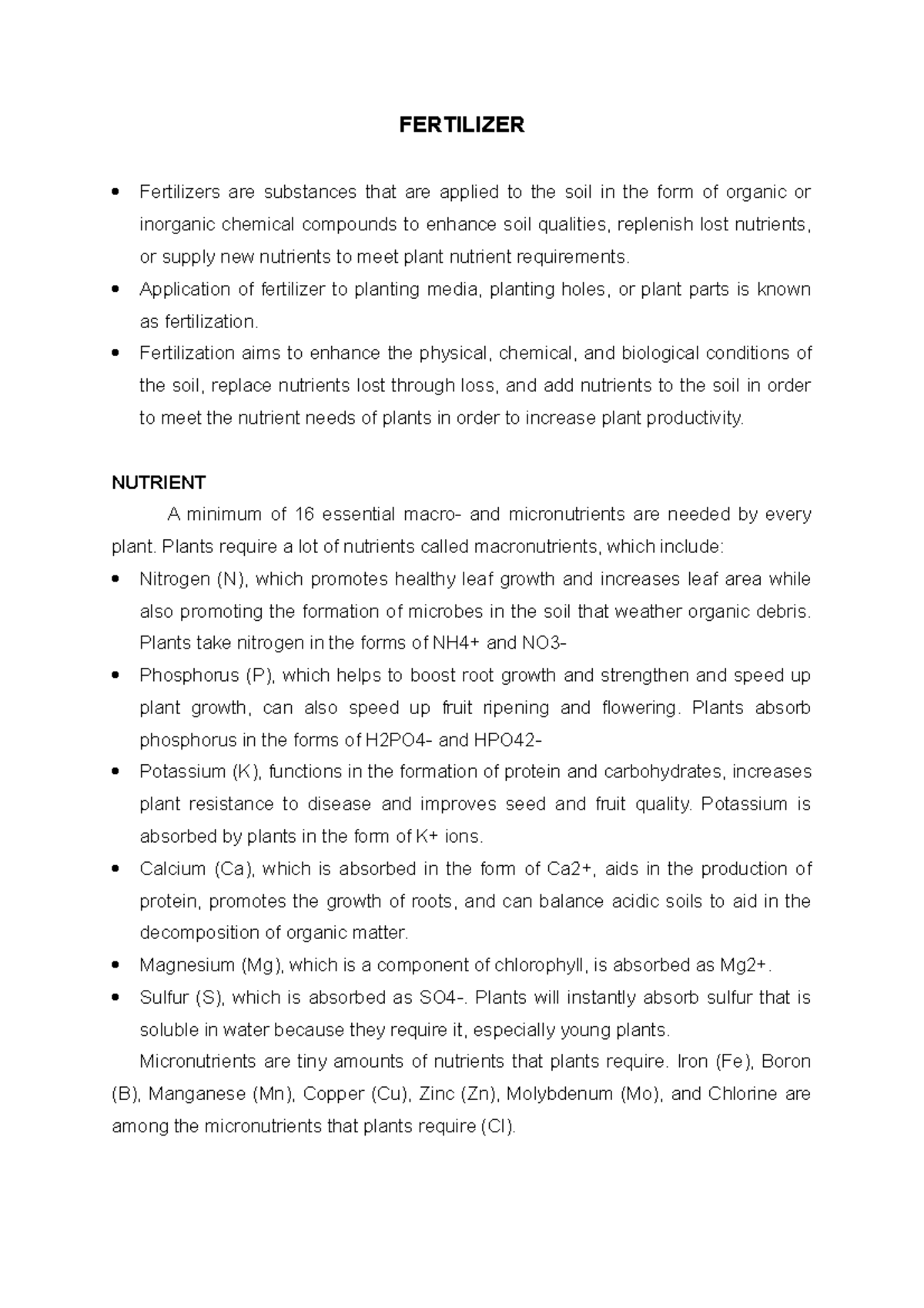 Lecture notes Fertilizer - FERTILIZER Fertilizers are substances that ...