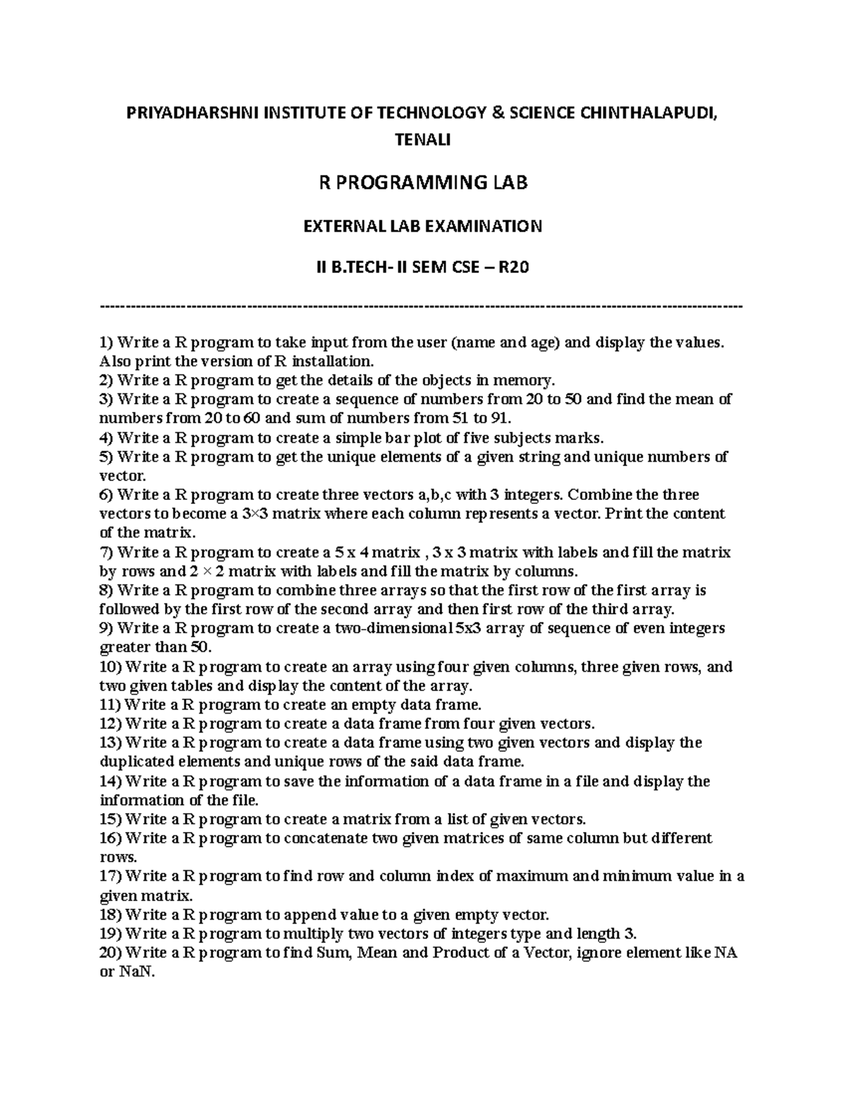 R Programming External - PRIYADHARSHNI INSTITUTE OF TECHNOLOGY & SCIENCE CHINTHALAPUDI, TENALI R ...