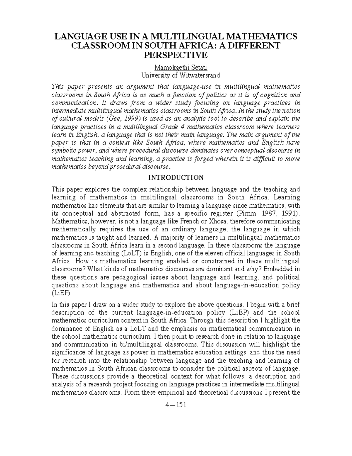 Learning MATH IN Multilingual- Bilingual - LANGUAGE USE IN A MULTILINGUAL MATHEMATICS CLASSROOM ...