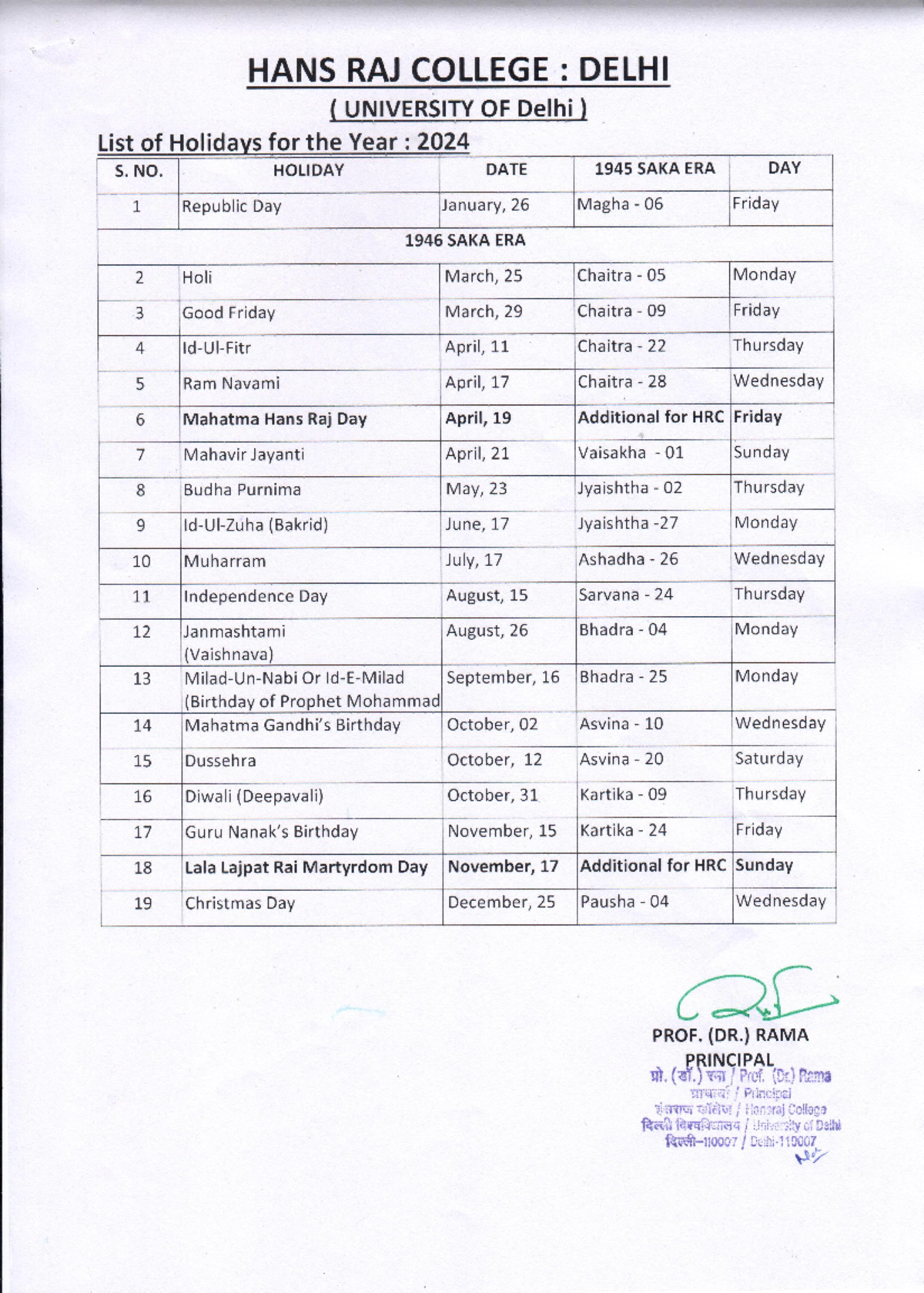 HRC-List of Holidays-2024 - B.Sc.(H) Chemistry - Studocu