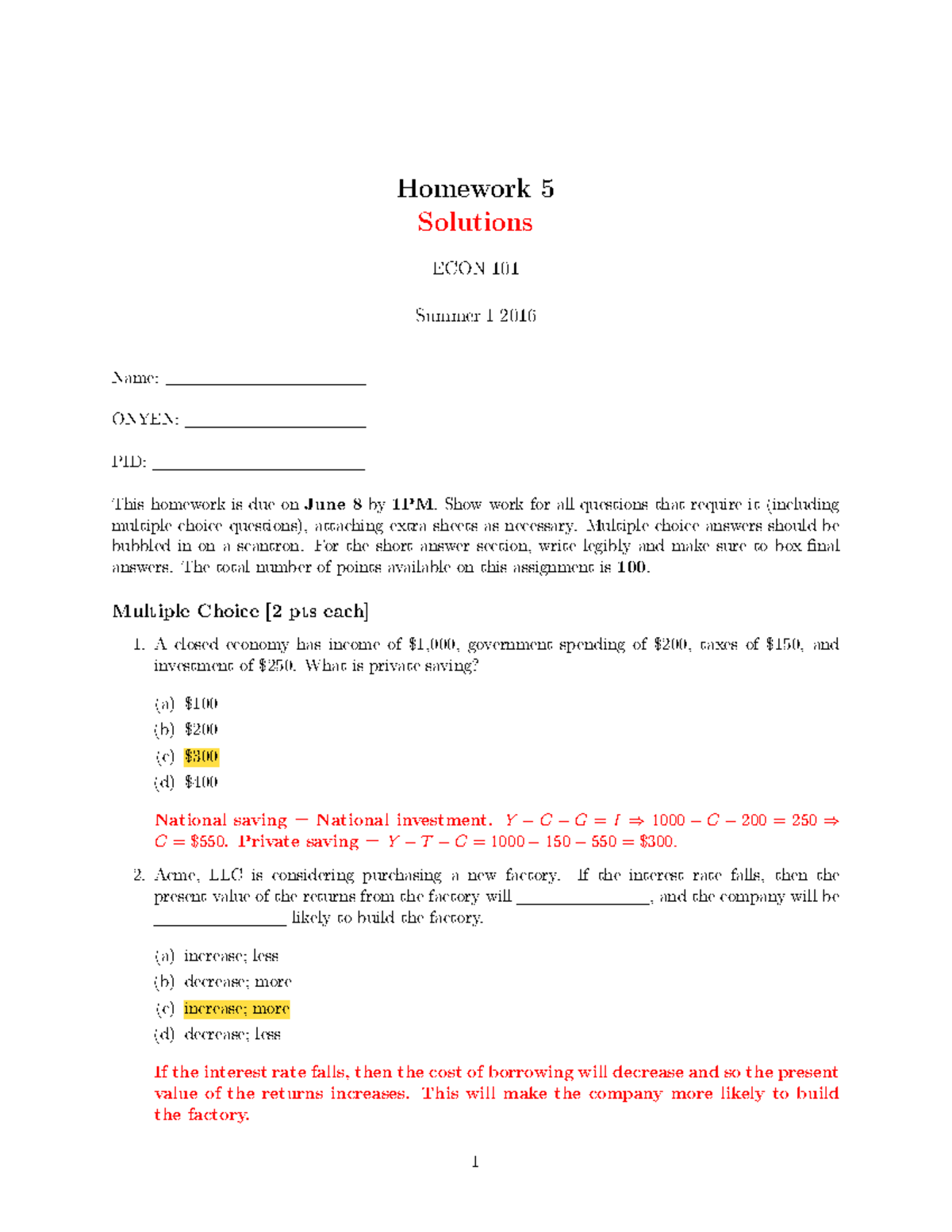 Homework 05 Solutions - ECON 101H - Y C G I C 200 250 Y T C 150 550 C ...