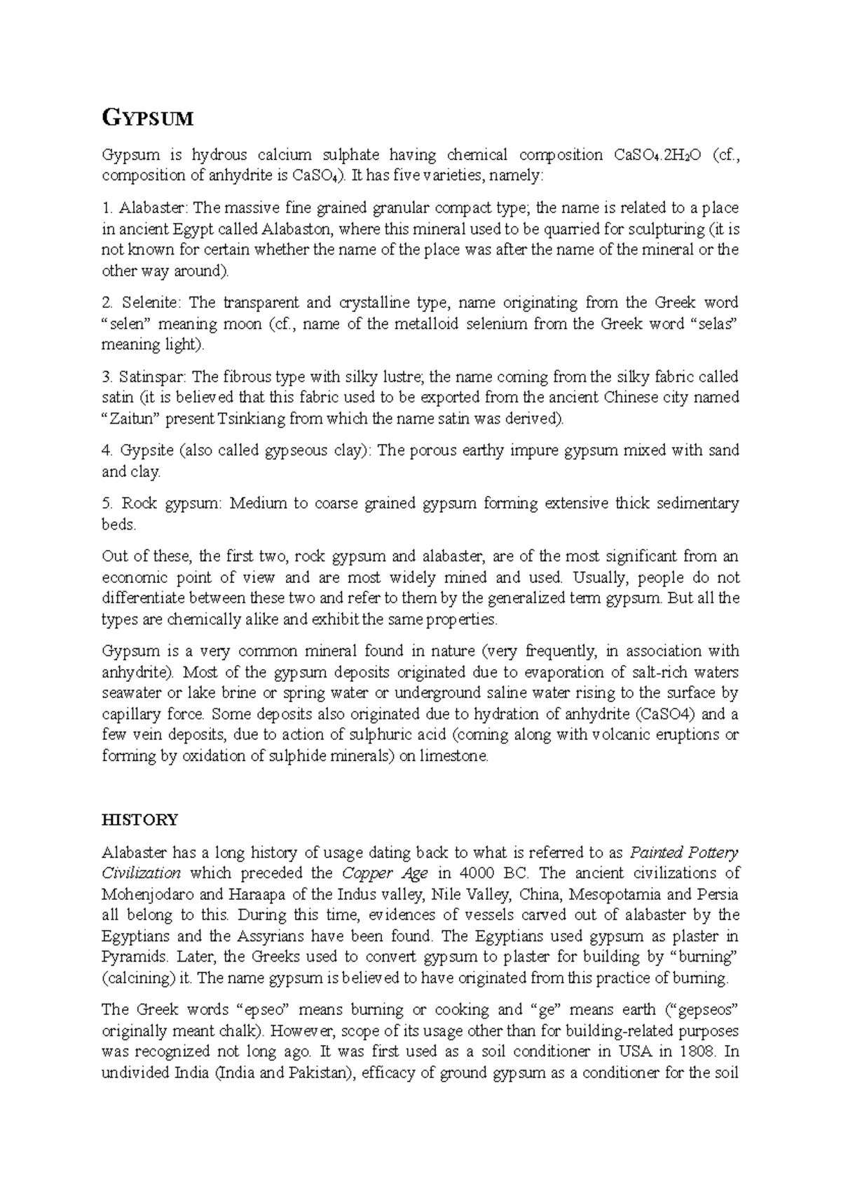 Gypsum - Lecture notes 5 - GYPSUM Gypsum is hydrous calcium sulphate ...
