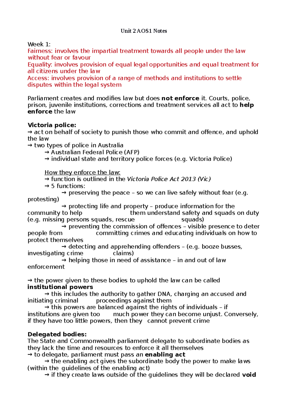 Unit 2 Legal Studies Notes 2023 - Week 1: Fairness: involves the ...