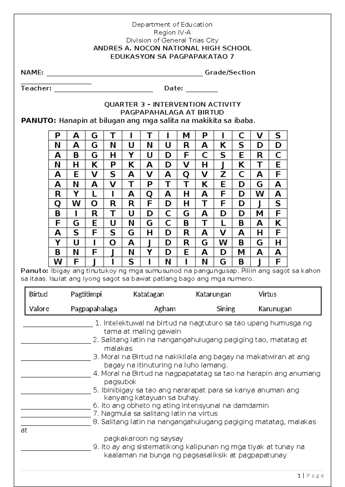 Q3 Intervention Pagpapahalaga at Birtud - Department of Education ...