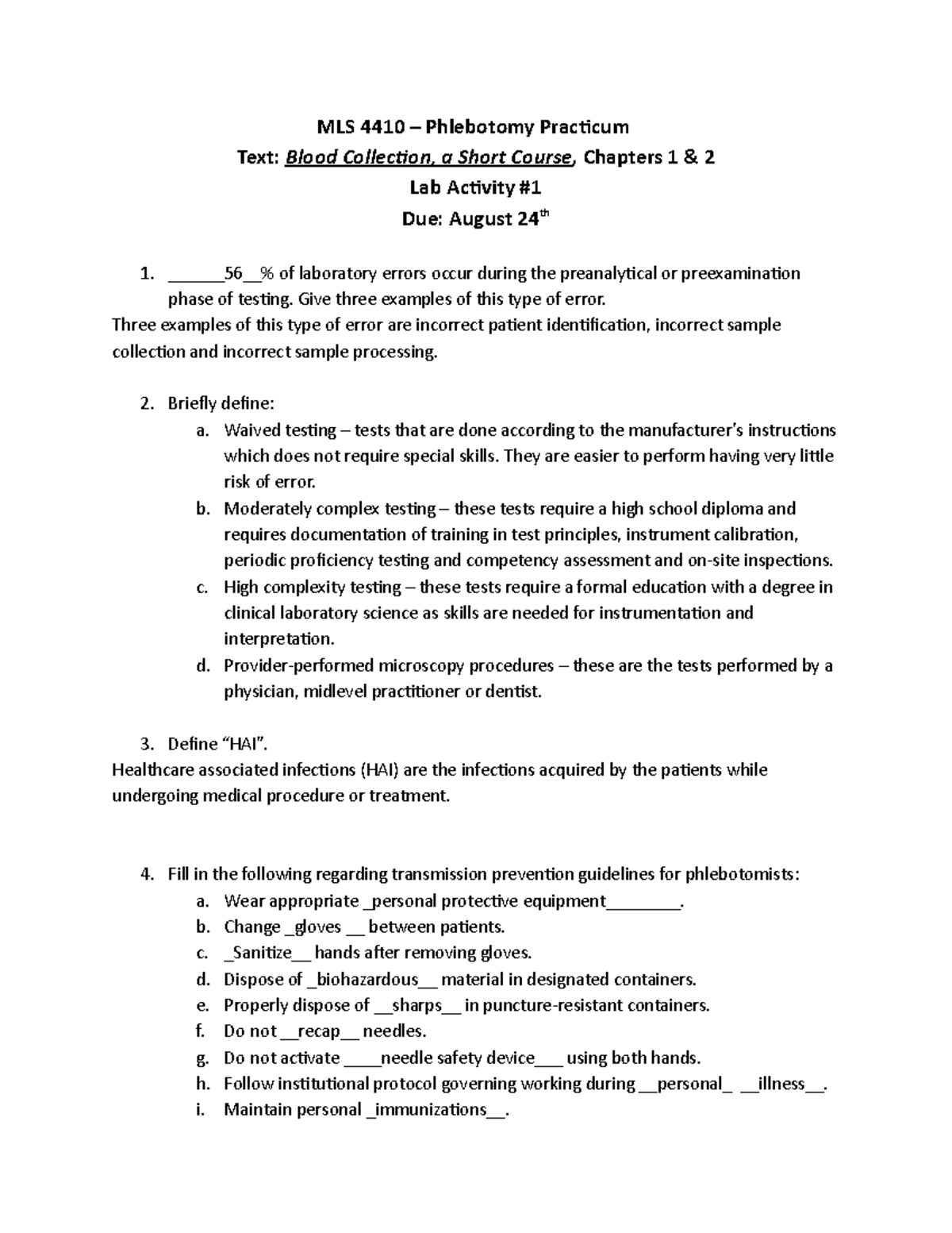 Phleb Lab1 - lab activity - MLS 4410 – Phlebotomy Practicum Text: Blood ...