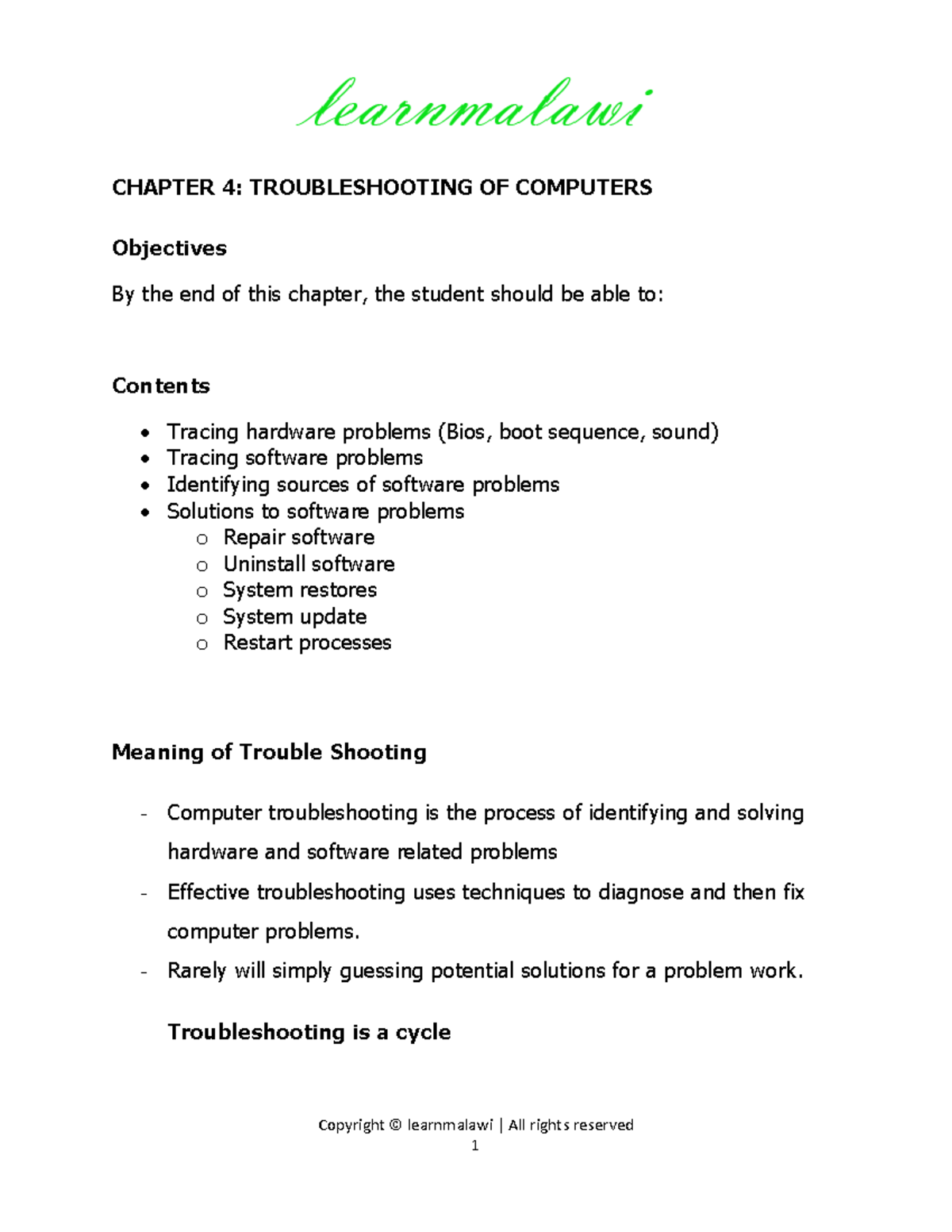 4 Troubshooting of Computer - Copyright © learnmalawi | All rights reserved CHAPTER 4: - Studocu