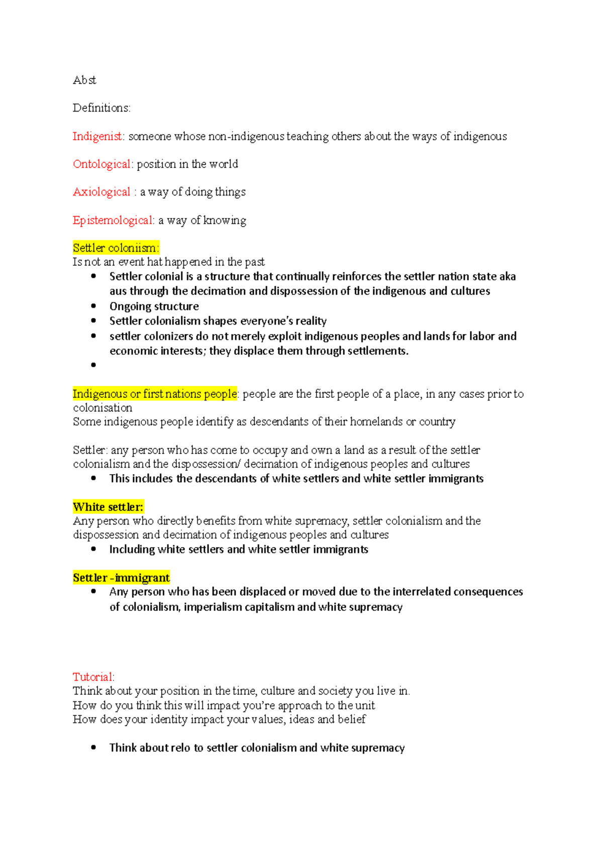 ABST week 1 - lecture 1 notes - Abst Definitions: Indigenist: someone ...