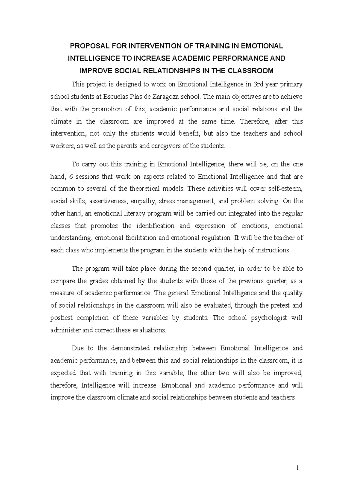 Proposal FOR Intervention OF Training IN Emotional Intelligence TO ...