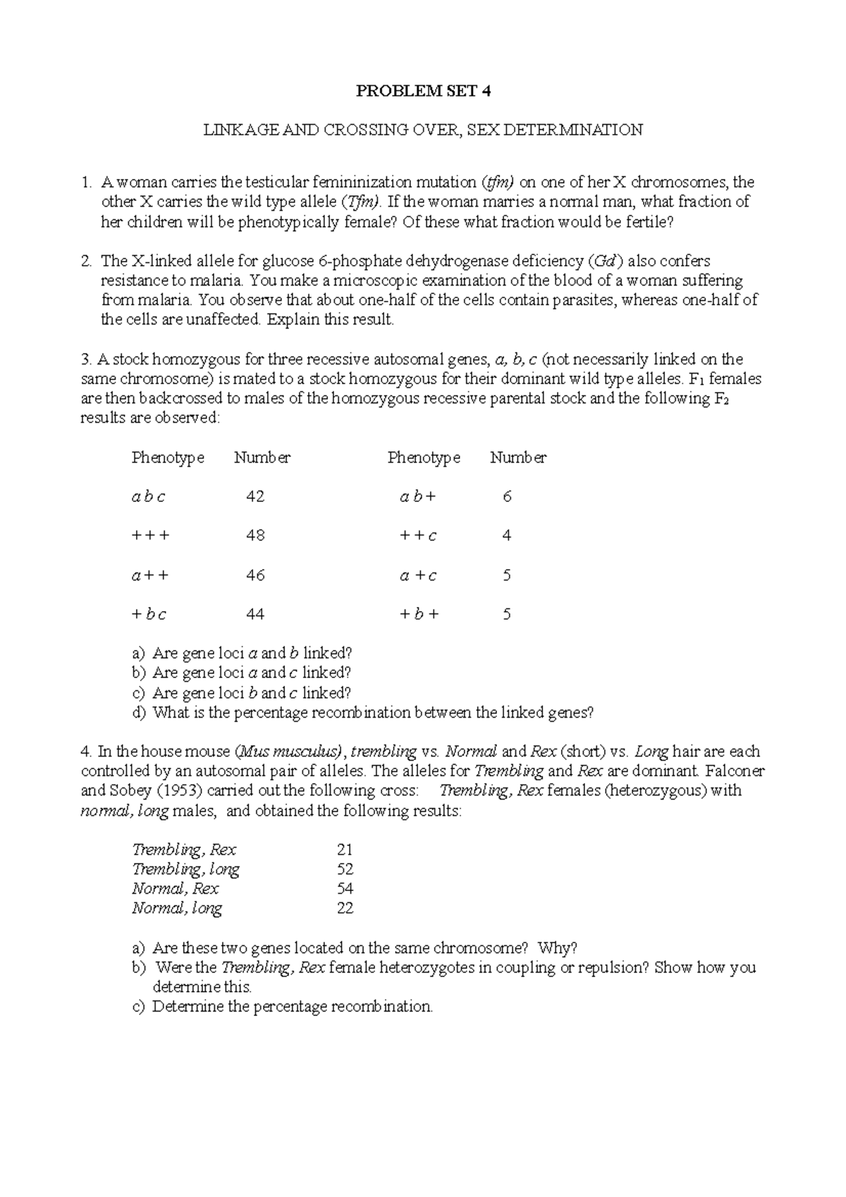 Problem Set 4 Set 4 Problem Set 4 Linkage And Crossing Over Sex