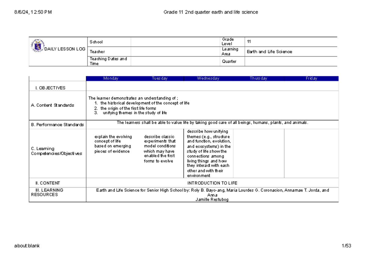 Grade 11 2nd quarter earth and life science( DLL) - DAILY LESSON LOG ...