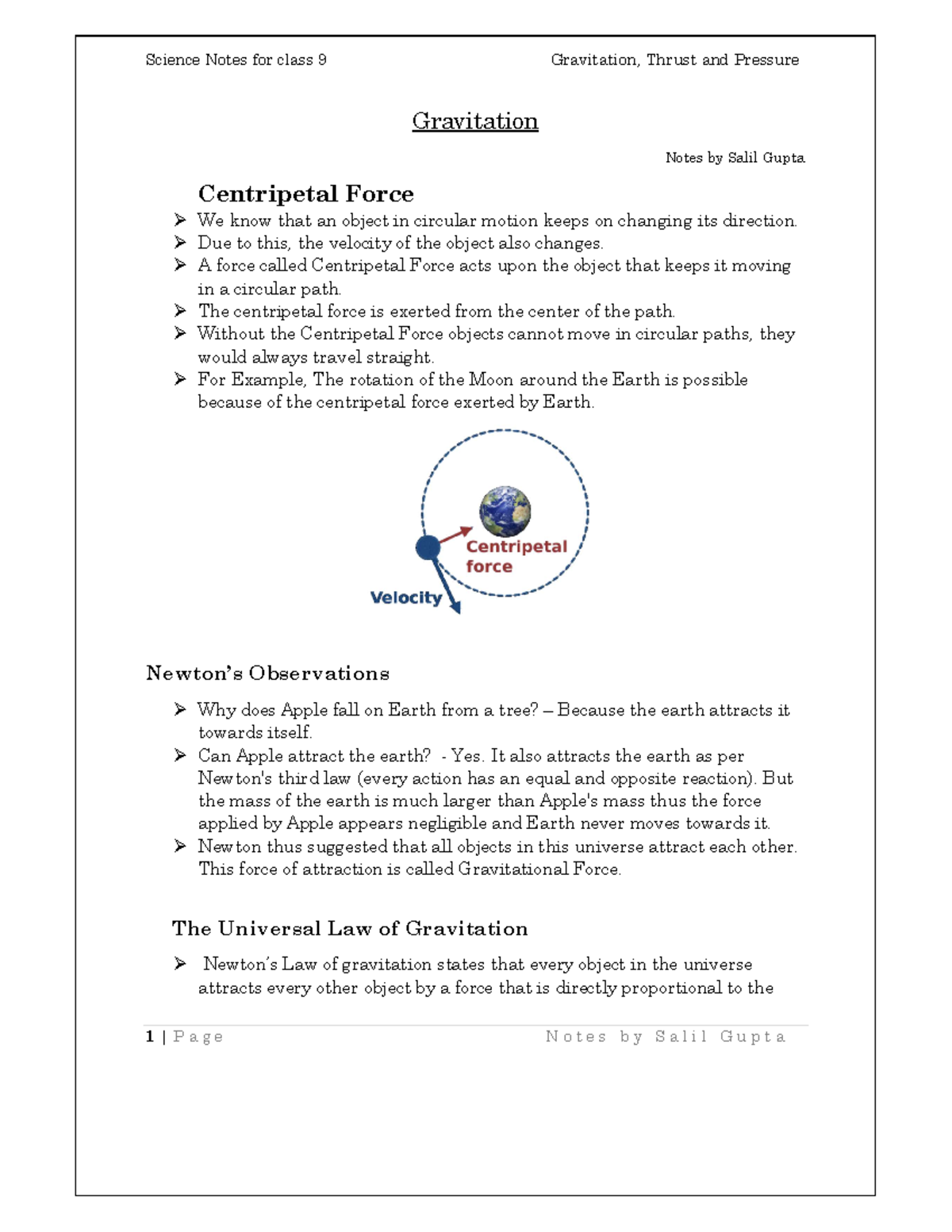 Gravitation notes class 9 - Gravitation Notes by Salil Gupta ...