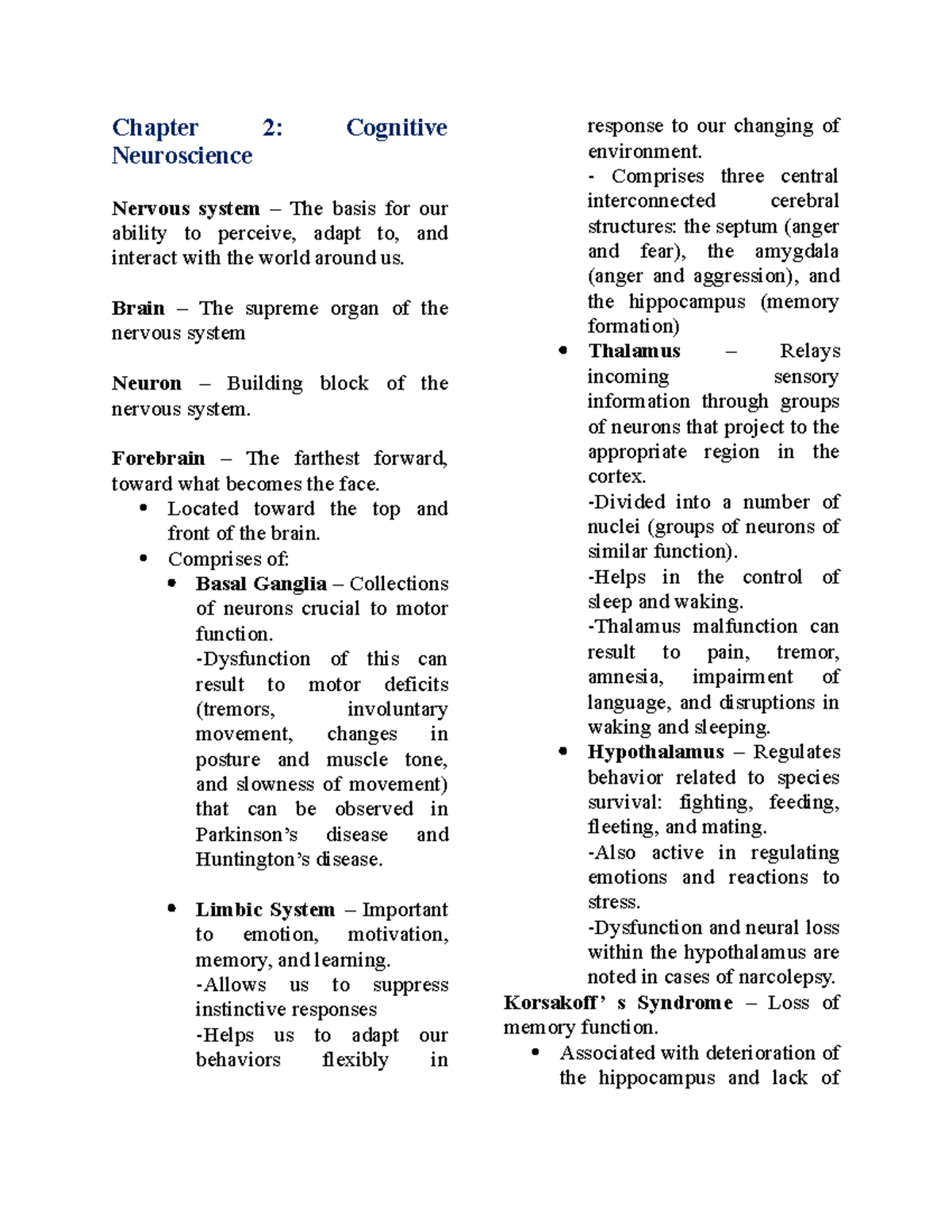 Cogni Psy Reviewr - Short reviewer - Chapter 2: Cognitive Neuroscience Nervous system – The ...