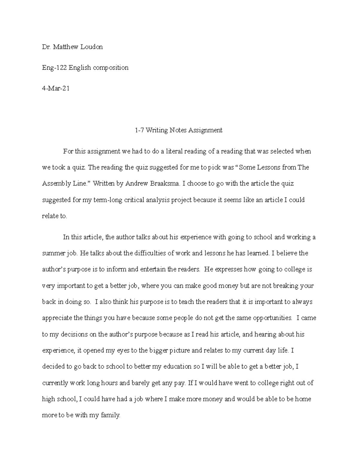 1-7 writing notes assignment - Dr. Matthew Loudon Eng-122 English ...
