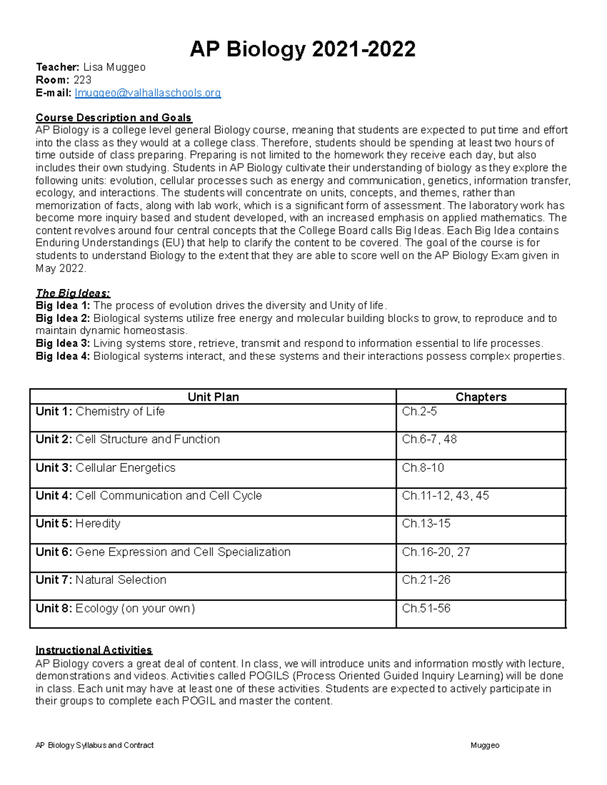 AP Biology Syllabus 2021-2022 - AP Biology 2021- Teacher: Lisa Muggeo ...