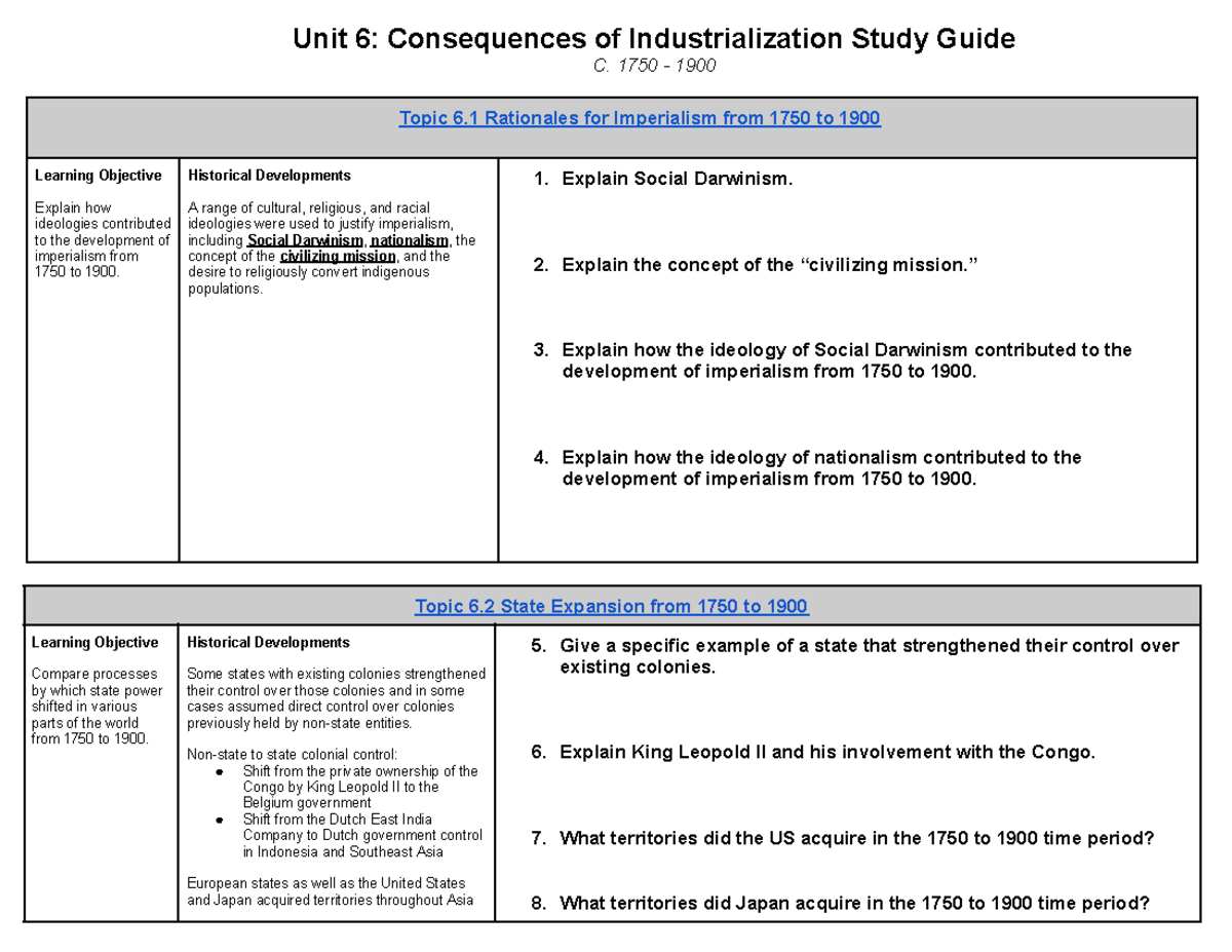 U6p - Unit 6: Consequences of Industrialization Study Guide C. 1750 ...