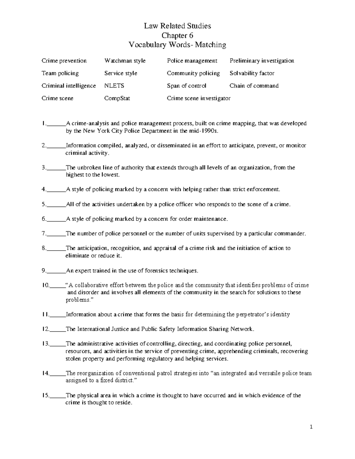 LRSChapter 6Vocabulary Matching - Law Related Studies Chapter 6 ...