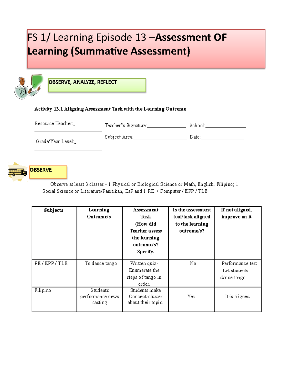 Ep13paynaelelelelele - OBSERVE, ANALYZE, REFLECT Activity 13 Aligning ...