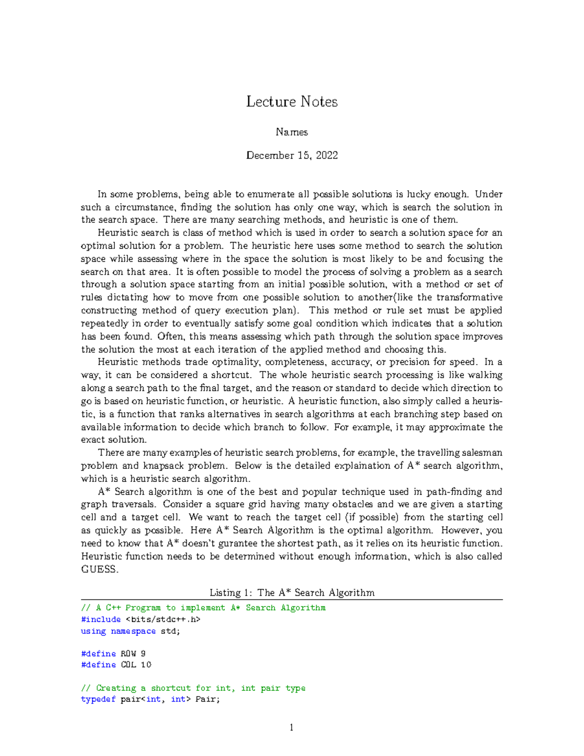 Notes - heuristic search and A* prototype and restrictions - Lecture ...