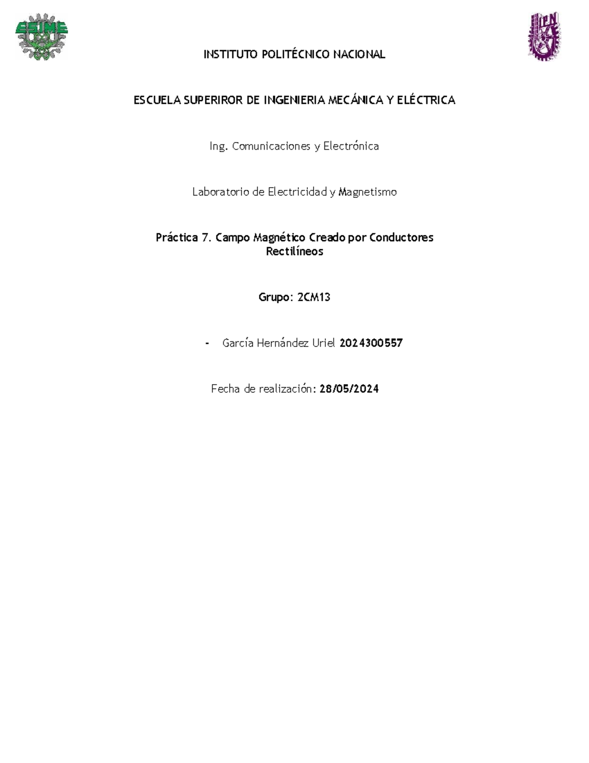 2CM13P7 - Electricidad y Magnetismo - INSTITUTO POLITÉCNICO NACIONAL ESCUELA SUPERIROR DE ...