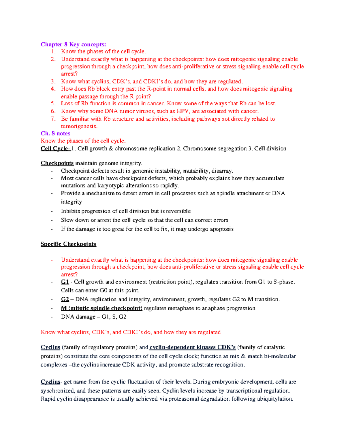 Cancer bio 314 Chpt 8 review - **Chapter 8 Key concepts: ** 1. Know the ...