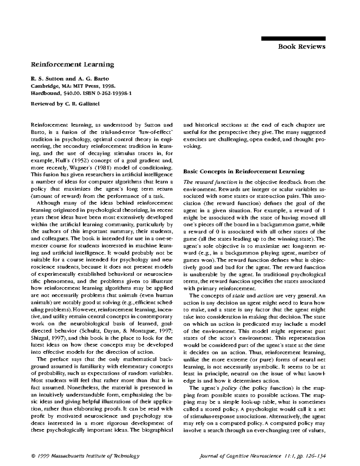 Reinforcement learning - Book Reviews Reinforcement Learning R. S ...