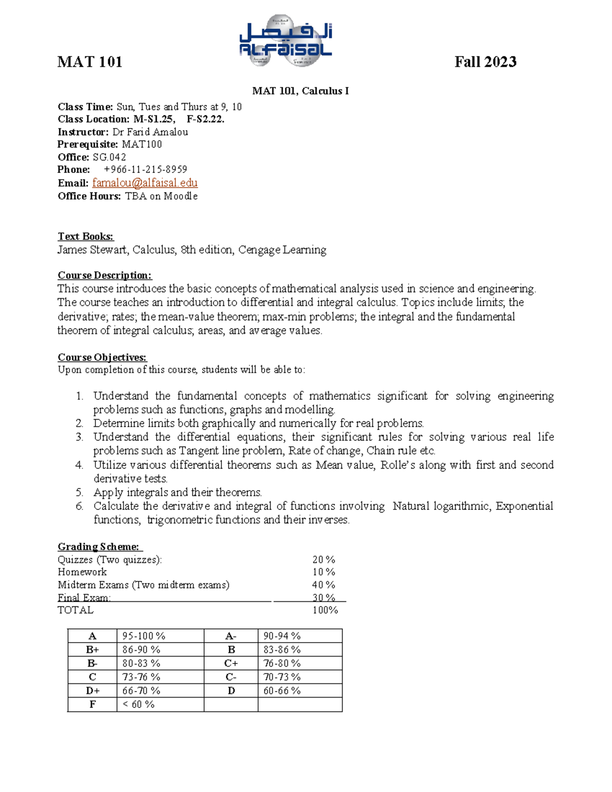 MAT 101 Syllabus Fall 2023 - MAT 101, Calculus I Class Time: Sun, Tues ...