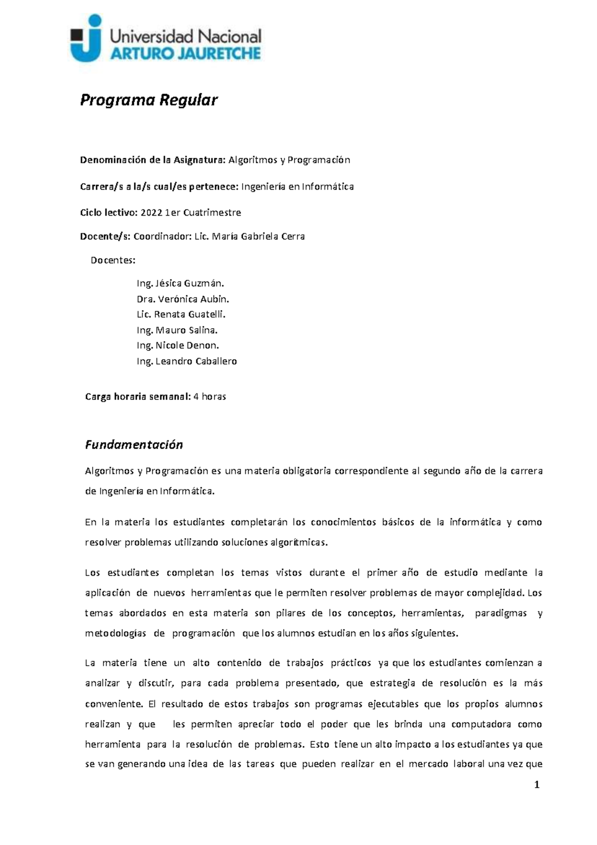 Pgma Algoritmos Y Programación 2022 Programa Regular DenominaciÛn De La Asignatura Algoritmos