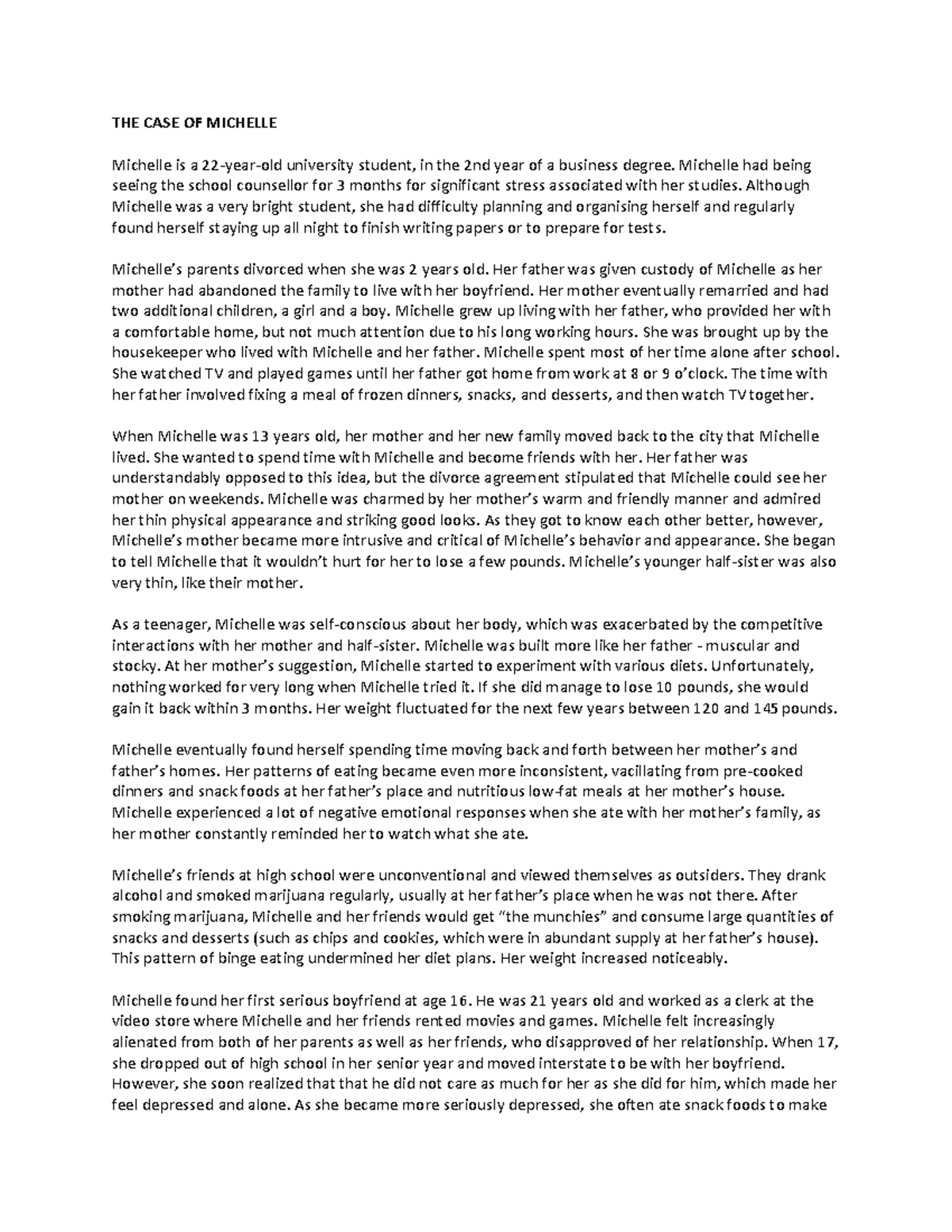 Case Presentation Exercise-Case of Michelle - THE CASE OF MICHELLE ...