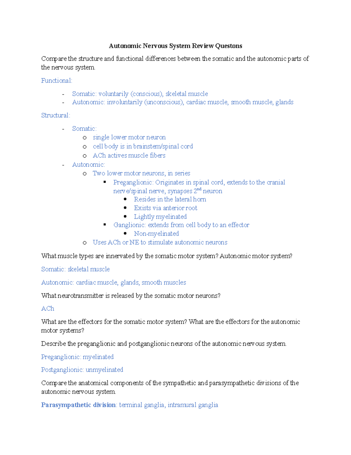 Review Questions Autonomic Nervous System - Autonomic Nervous System ...