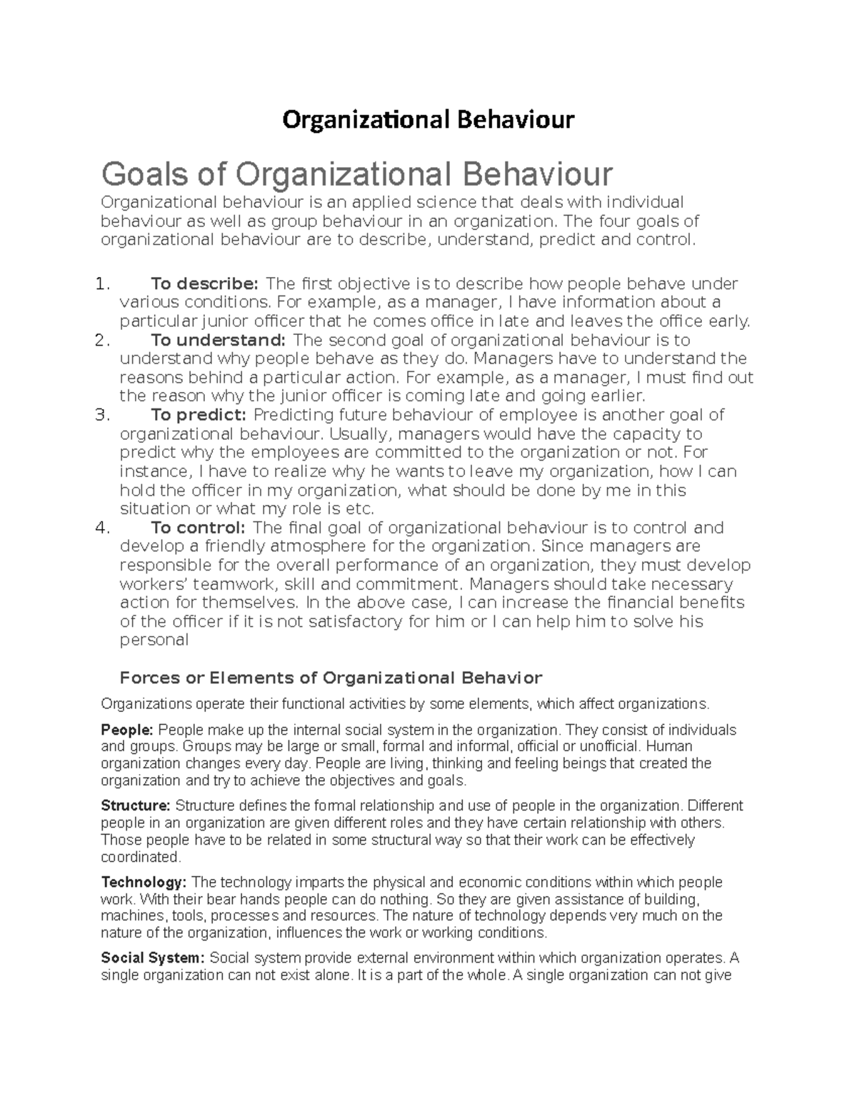 Organizational Behaviour - Organizational Behaviour Goals of ...