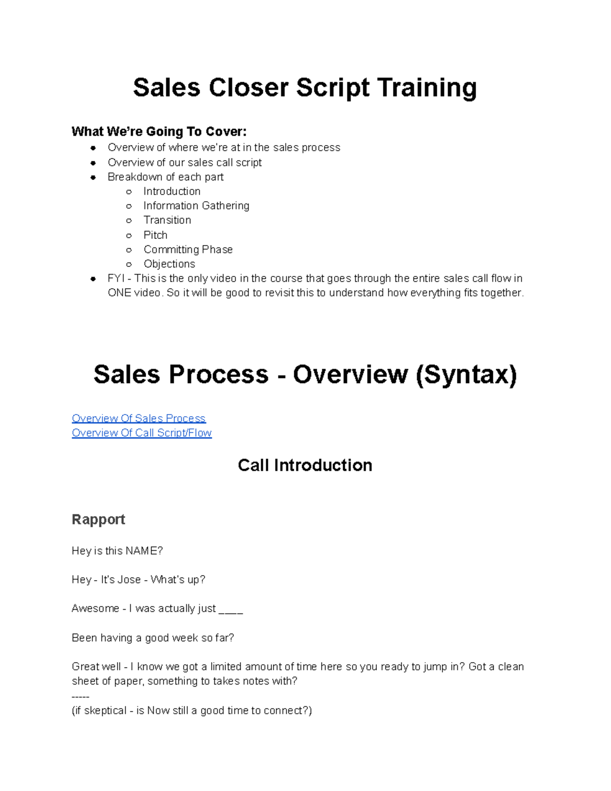 Sales Closer Script - So it will be good to revisit this to understand ...