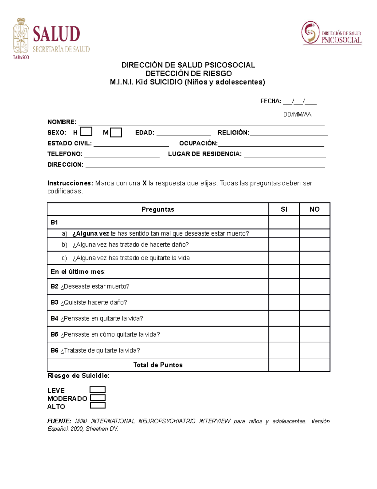 MINI KID - prueba - DIRECCIÓN DE SALUD PSICOSOCIAL DETECCIÓN DE RIESGO ...