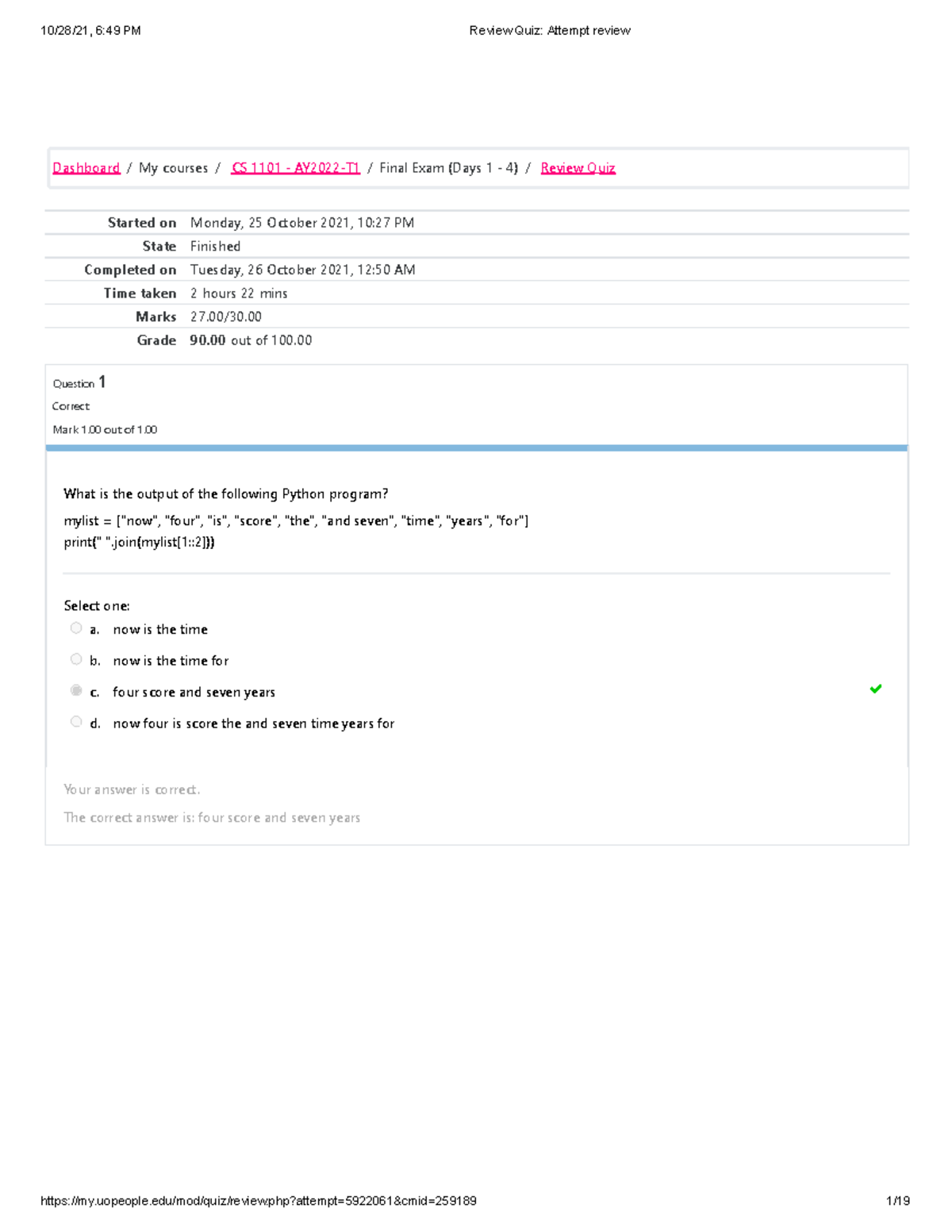 Review Quiz Attempt review 2 for Final Exam for Programming ...