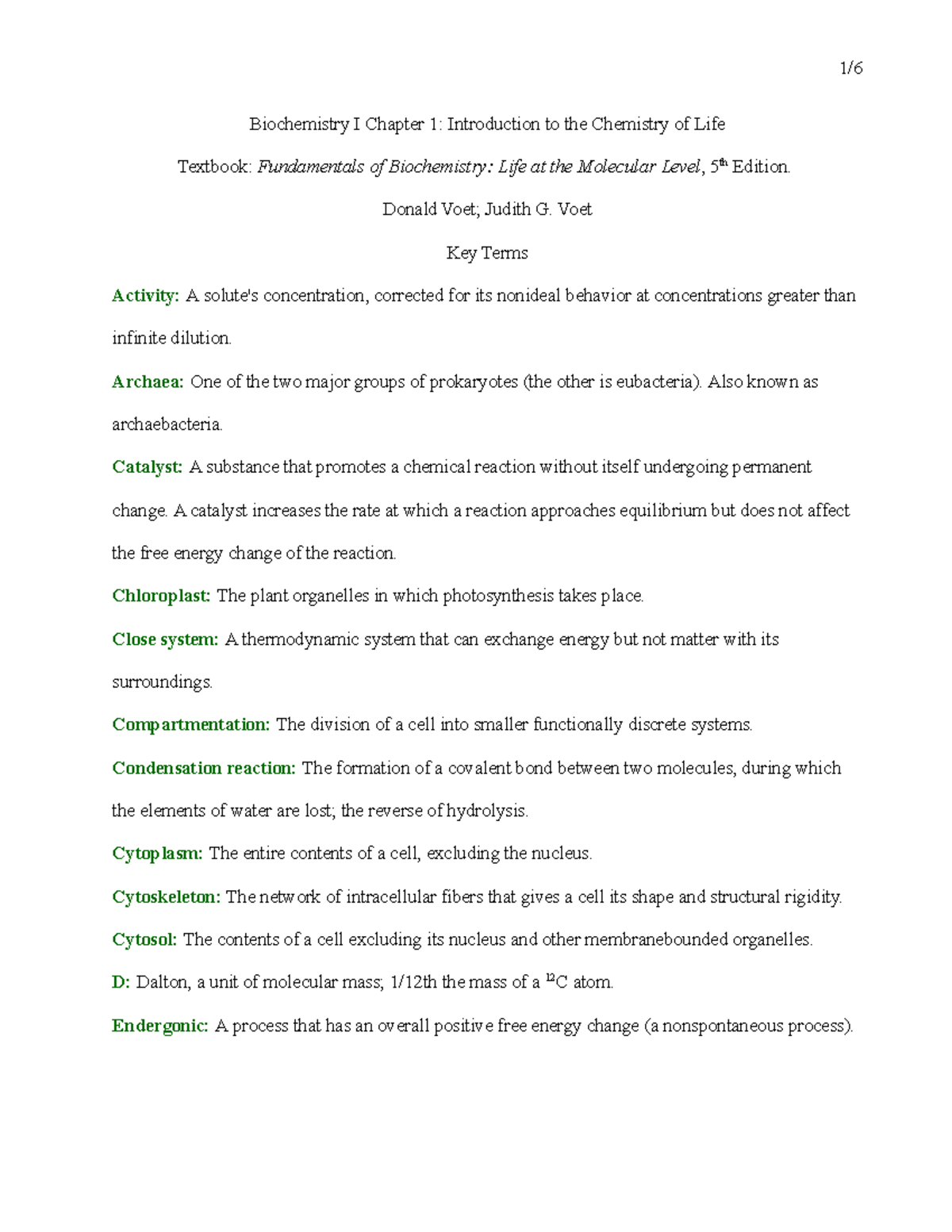 Chapter 1 - Introduction to the Chemistry of Life Key Terms - 1/6 ...