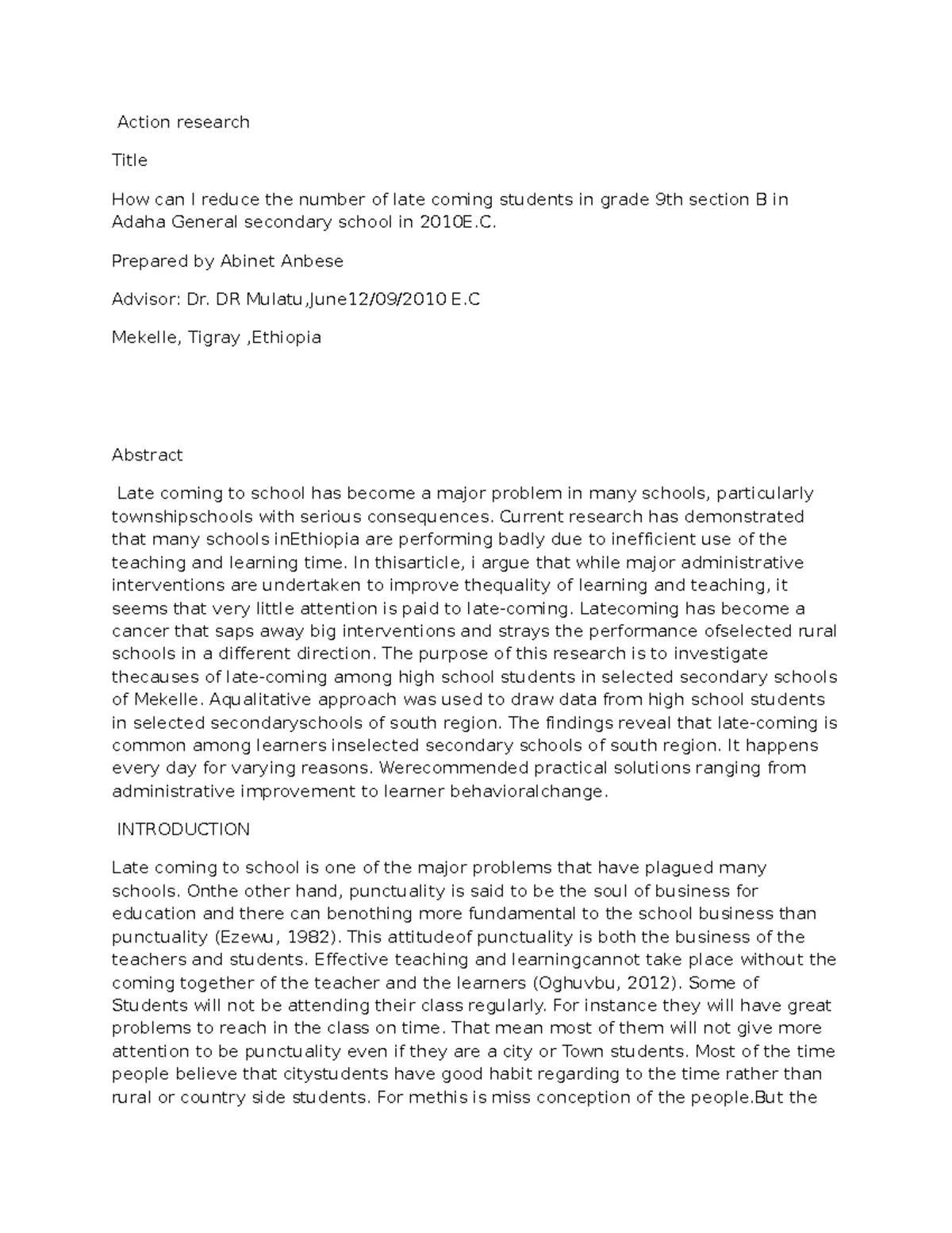 Action research on late com - Action research Title How can I reduce ...