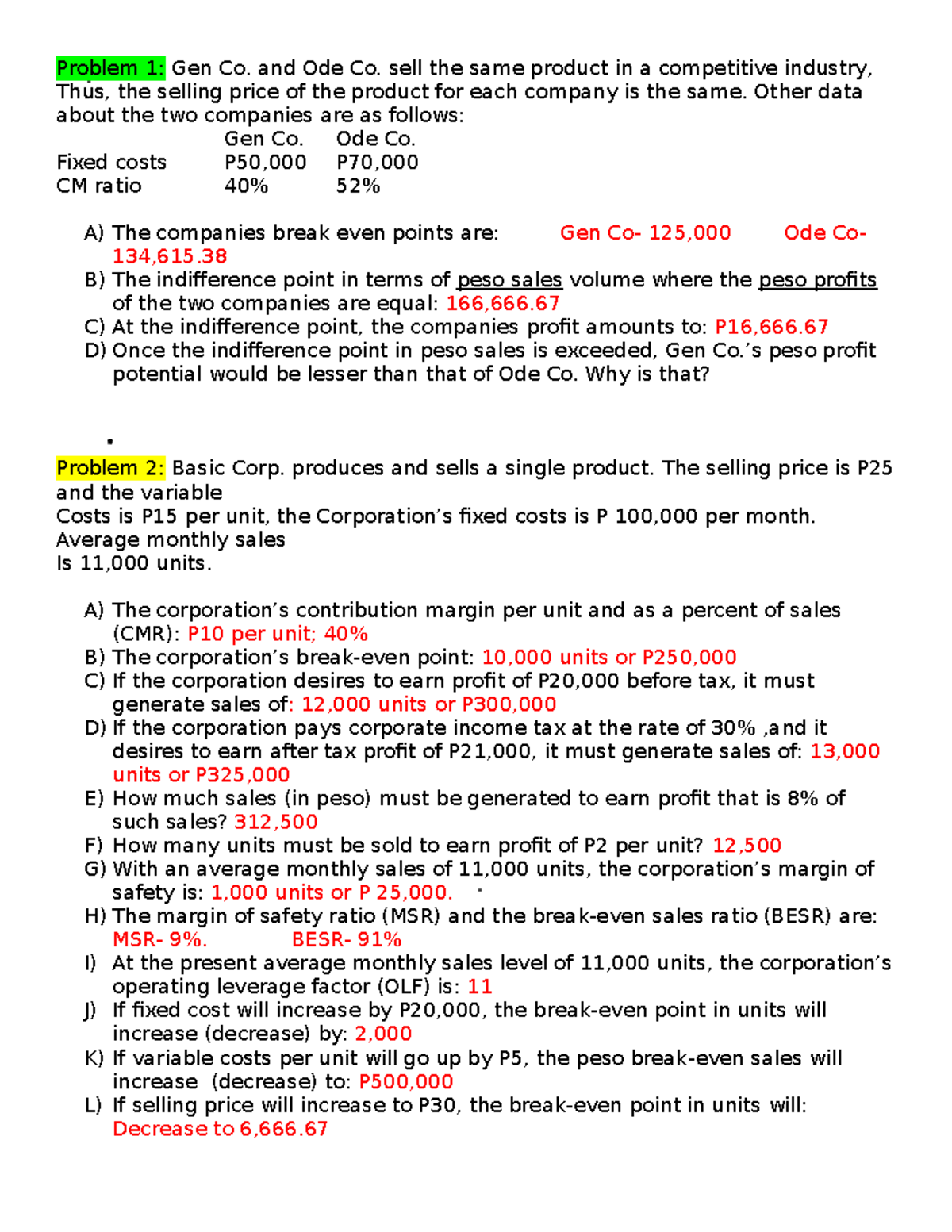 Week 6 Exercises - For bsa students. - Problem 1: Gen Co. and Ode Co ...