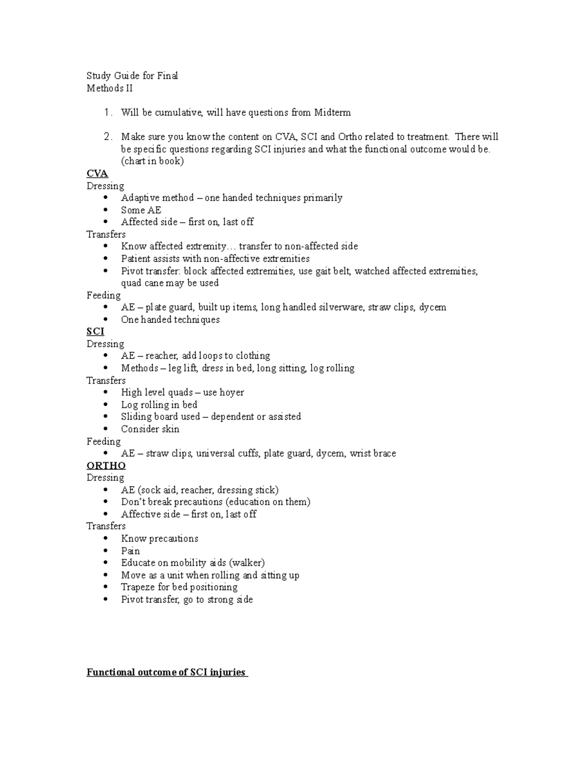 Final Study Guide - treatment for ADLs with stroke, spinal cord injury ...