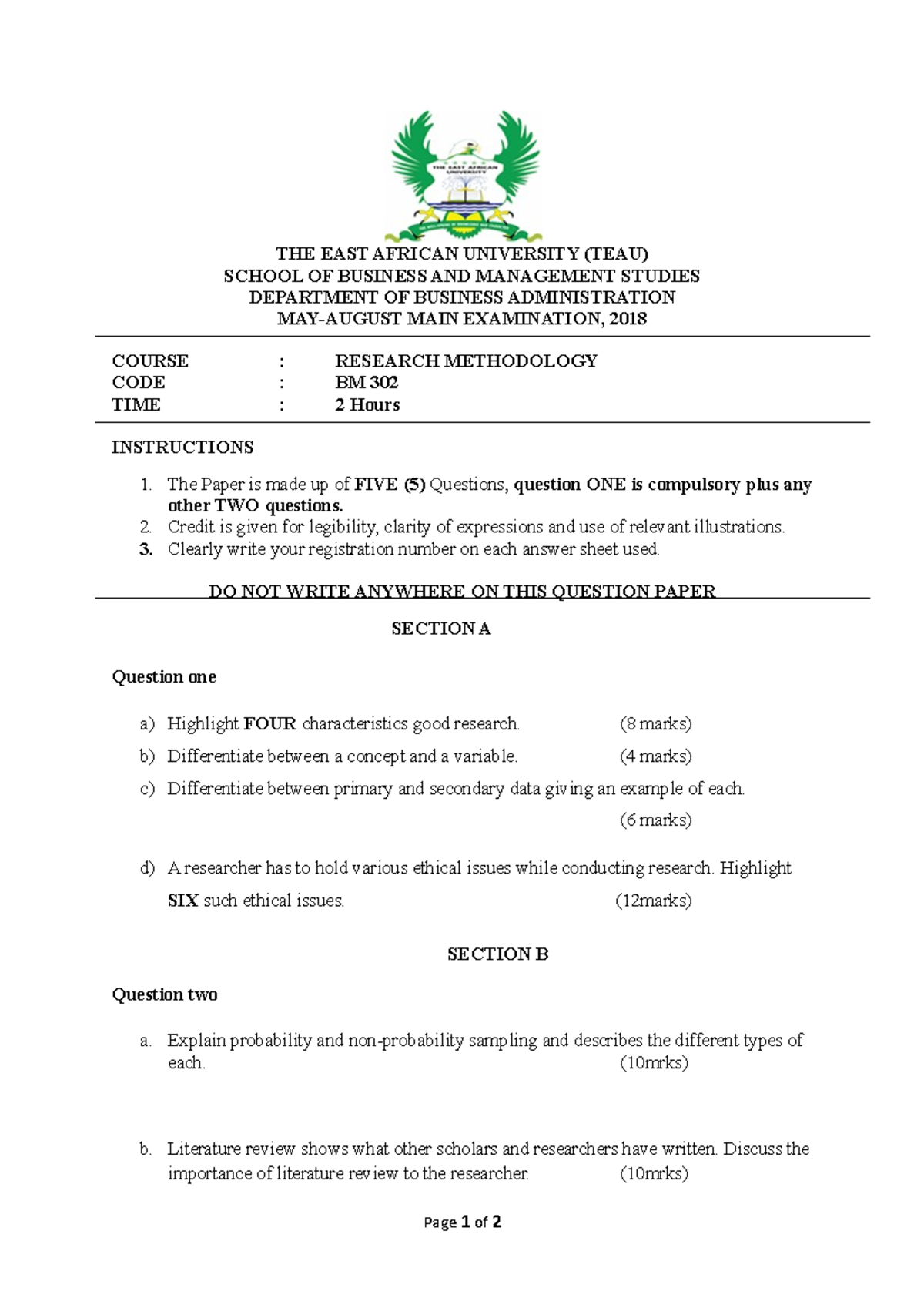 Research methods exam aug 2018 - THE EAST AFRICAN UNIVERSITY (TEAU ...
