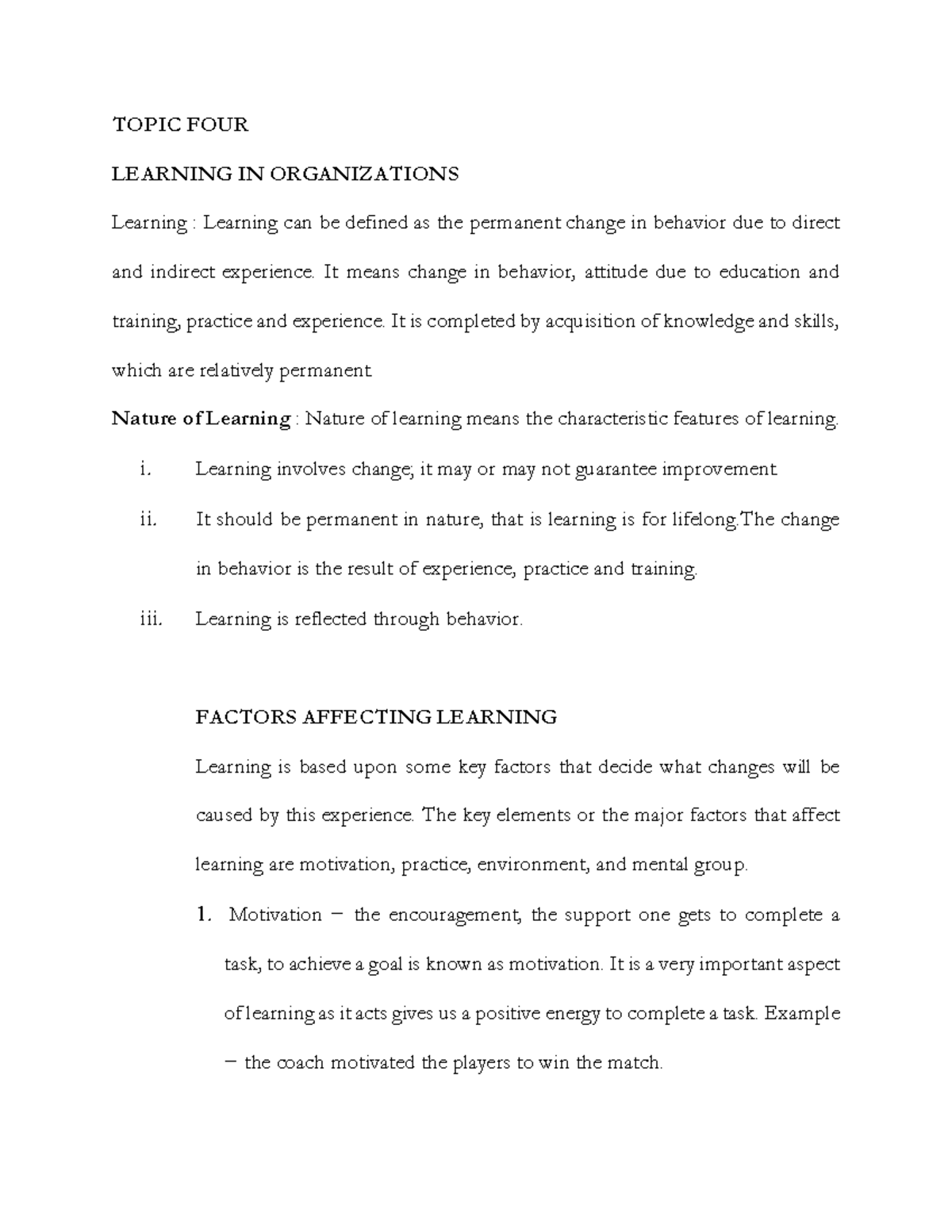 Topic FOUR- Organization Behaviour - TOPIC FOUR LEARNING IN ...